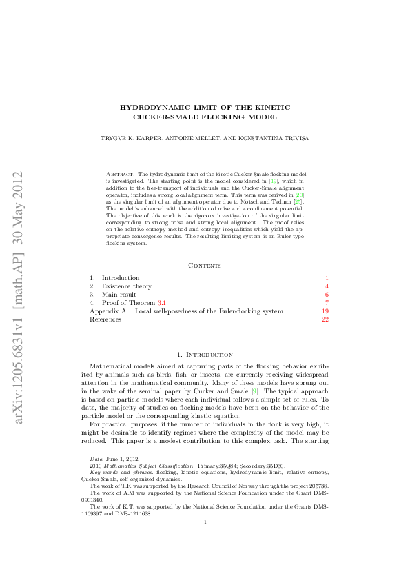 (PDF) Hydrodynamic limit of the kinetic Cucker–Smale flocking model | Konstantina Trivisa ...