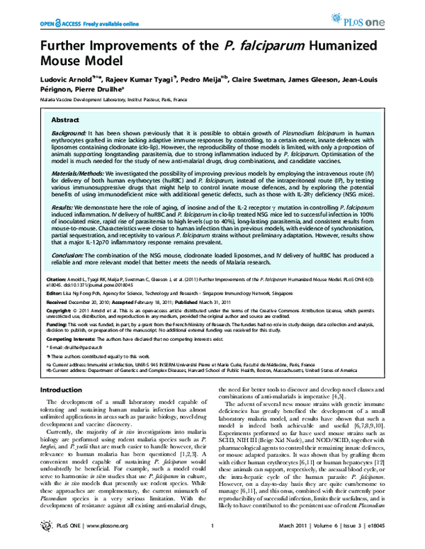 (PDF) Further Improvements of the P. falciparum Humanized Mouse Model