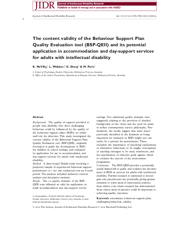 (PDF) The content validity of the Behaviour Support Plan Quality ...