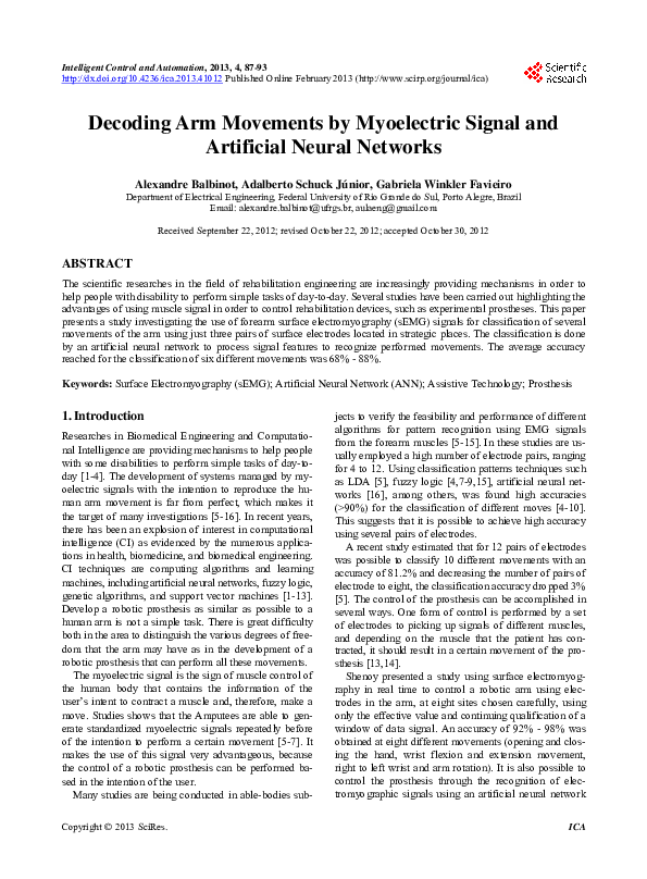 (PDF) Decoding Arm Movements by Myoelectric Signal and Artificial Neural Networks
