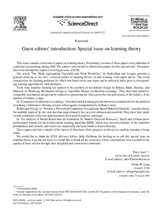 (PDF) Guest editors' introduction: Special issue on learning theory