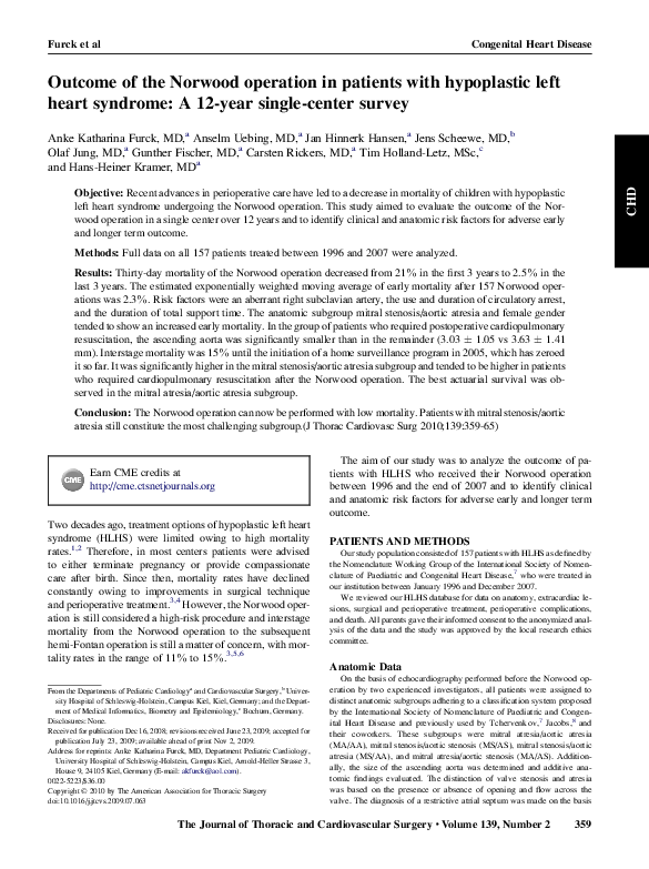 (PDF) Outcome of the Norwood operation in patients with hypoplastic ...