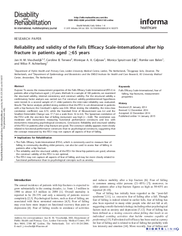 (PDF) Reliability and validity of the Falls Efficacy Scale ...