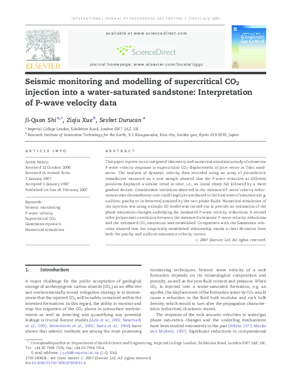 Pdf Seismic Monitoring And Modelling Of Supercritical Co2 Injection Into A Water Saturated