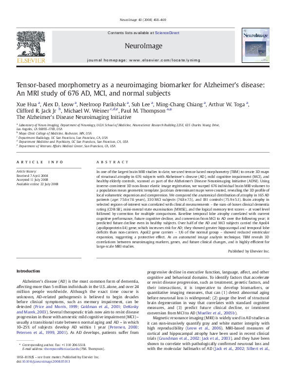 (PDF) Tensor-based morphometry as a neuroimaging biomarker for Alzheimer's disease: An MRI study ...