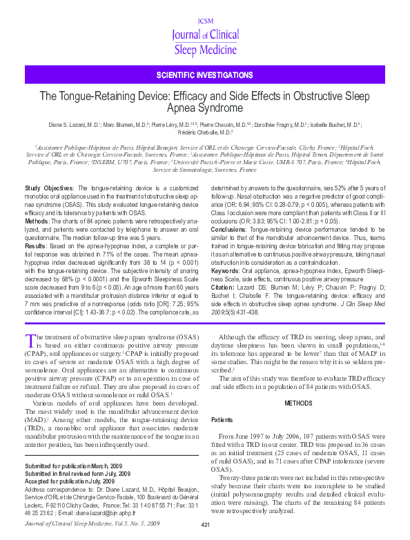 (PDF) The tongue-retaining device: efficacy and side effects in ...
