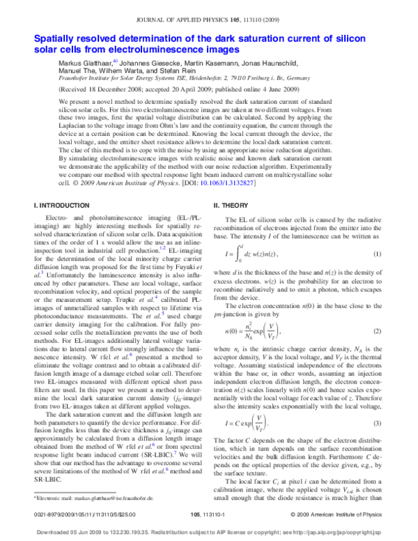 (PDF) Spatially resolved determination of the dark saturation current of silicon solar cells ...