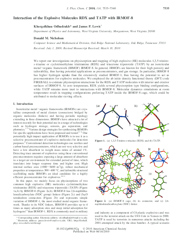 (PDF) Interaction of the Explosive Molecules RDX and TATP with IRMOF-8