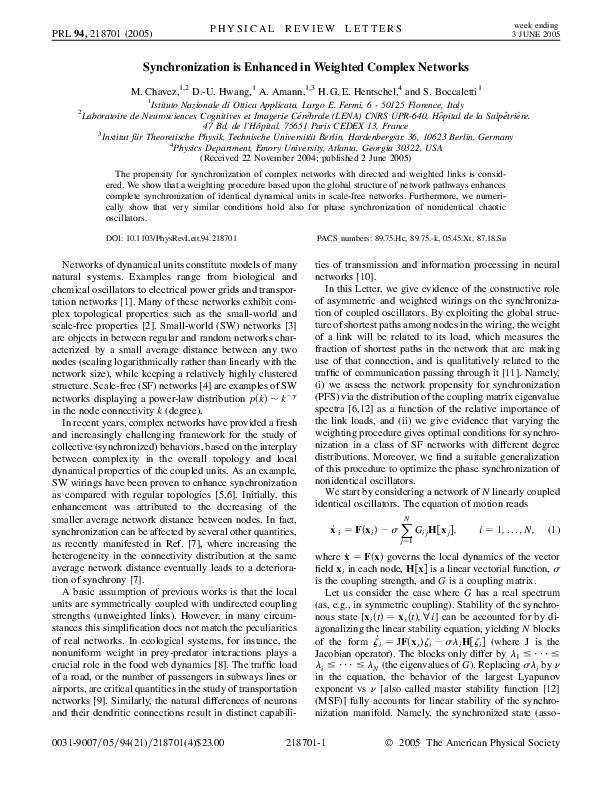 Pdf Synchronization Is Enhanced In Weighted Complex Networks