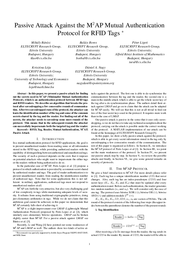 (PDF) Passive attack against the M2AP mutual authentication protocol for RFID tags