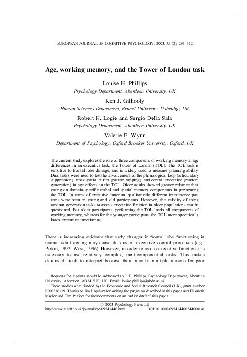 (PDF) Age, working memory, and the Tower of London task