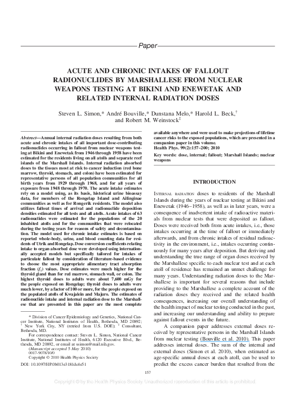 (PDF) Acute and Chronic Intakes of Fallout Radionuclides by Marshallese ...