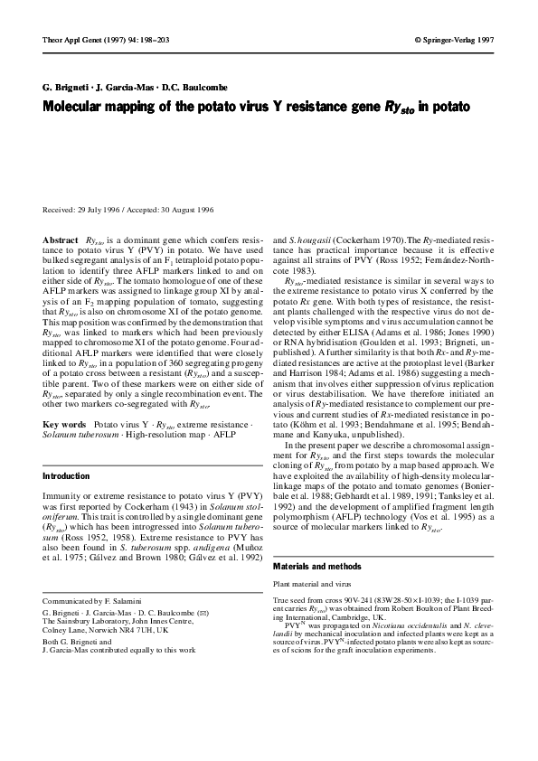(PDF) Molecular mapping of the potato virus Y resistance gene Ry sto in ...