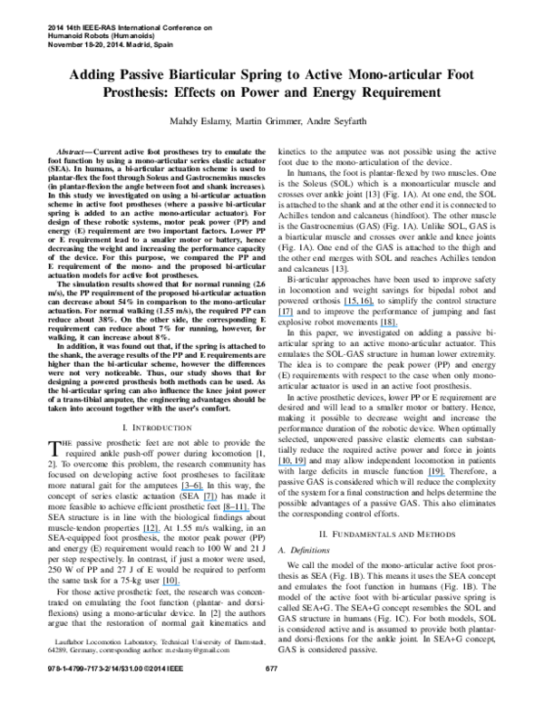 (PDF) Adding passive biarticular spring to active mono-articular foot prosthesis: Effects on ...