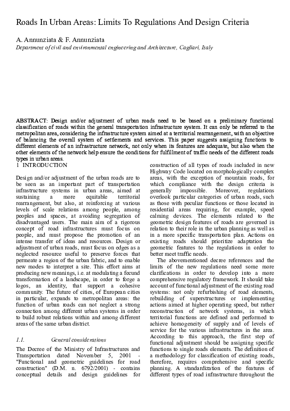 (PDF) Roads In Urban Areas: Limits To Regulations And Design Criteria
