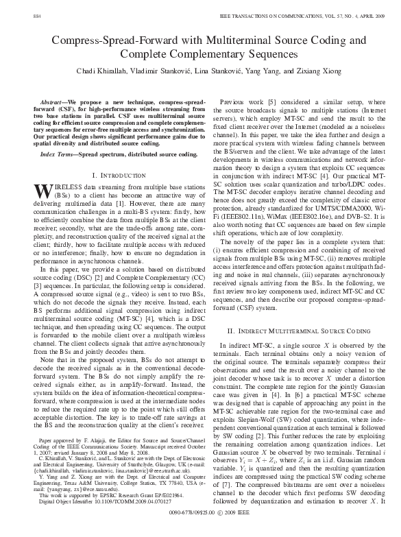 Pdf Compress Spread Forward With Multiterminal Source Coding And Complete Complementary Sequences