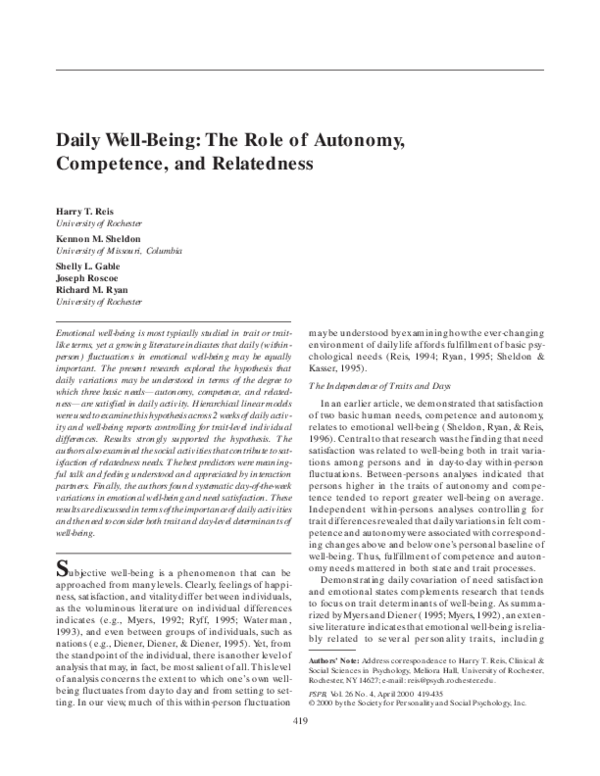 (PDF) Daily Well-Being: The Role of Autonomy, Competence, and Relatedness