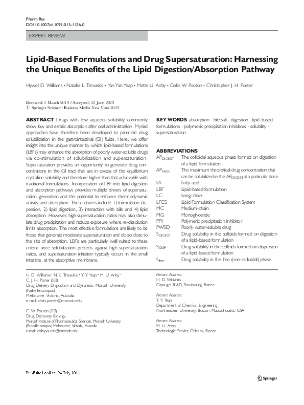 (PDF) Lipid-Based Formulations and Drug Supersaturation: Harnessing the ...