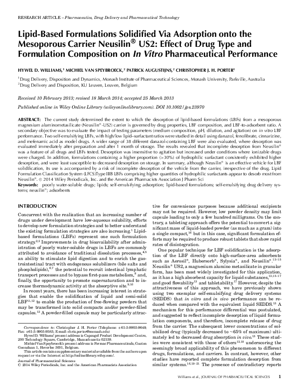 (PDF) Lipid-Based Formulations Solidified Via Adsorption onto the ...