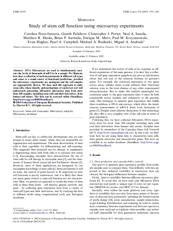 (PDF) Study of stem cell function using microarray experiments