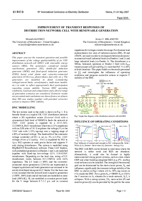 (PDF) Transient Responses of Distribution Network Cell with Renewable Generation