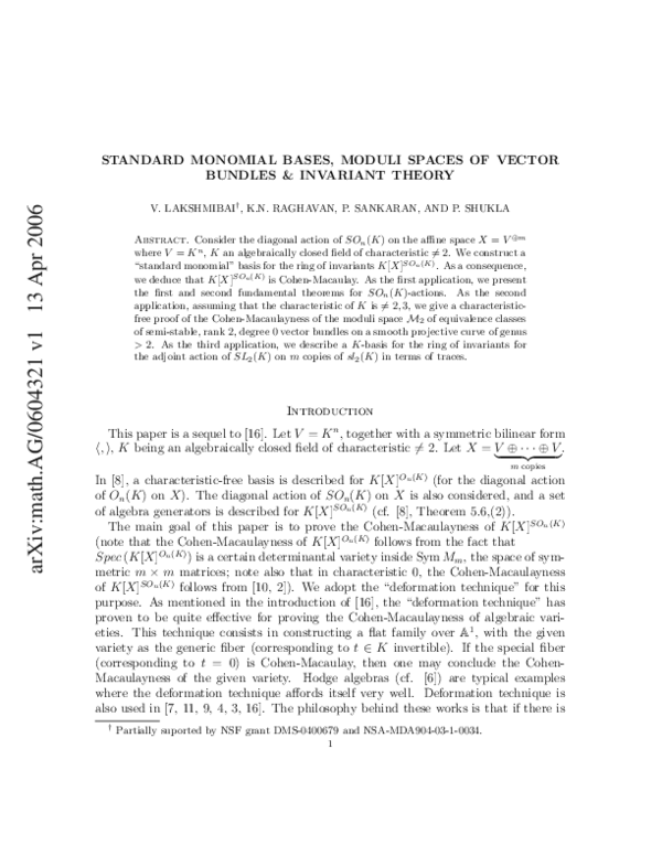 Pdf Standard Monomial Bases Moduli Spaces Of Vector Bundles And Invariant Theory