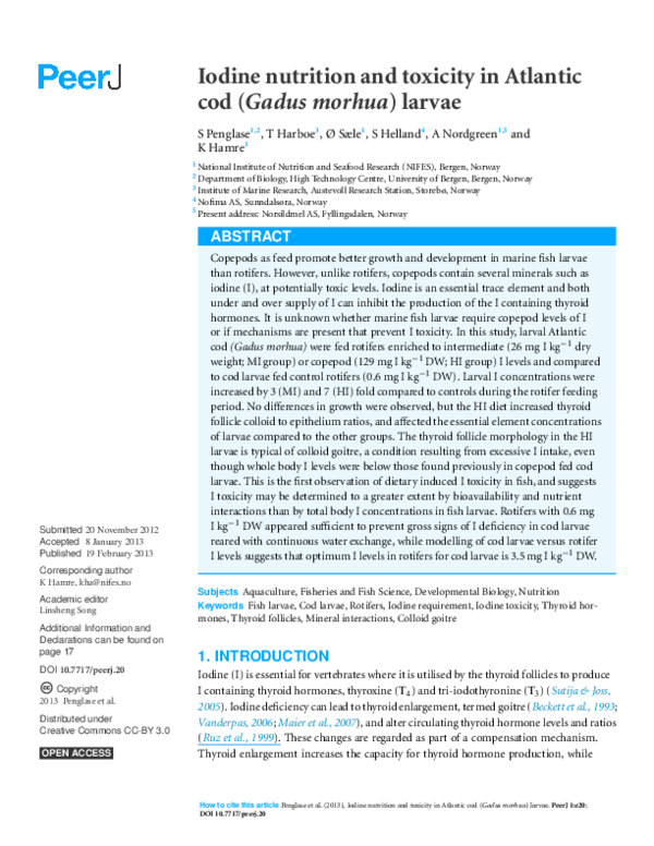 (PDF) Iodine nutrition and toxicity in Atlantic cod (Gadus morhua) larvae