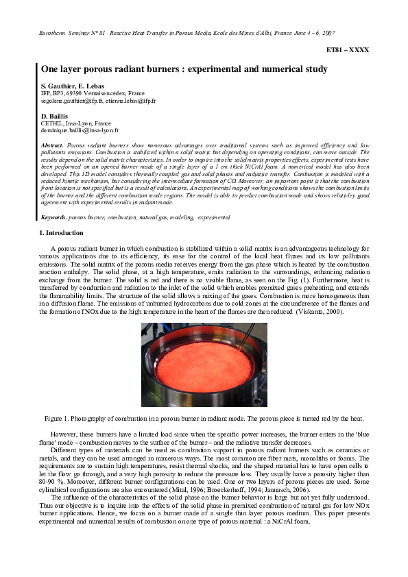 (PDF) One layer porous radiant burners: experimental and numerical study