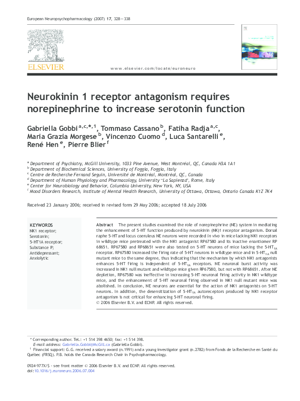 (PDF) Neurokinin 1 receptor antagonism requires norepinephrine to increase serotonin function