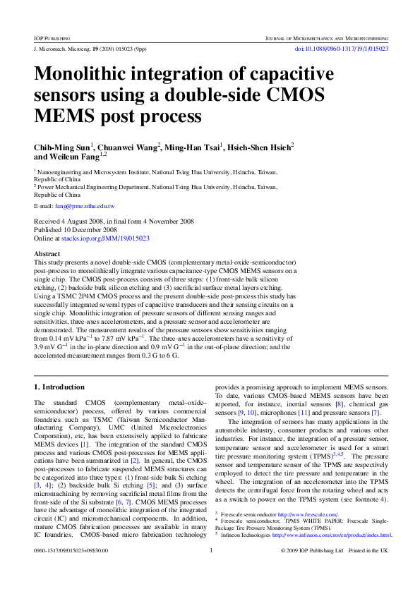 Pdf Monolithic Integration Of Capacitive Sensors Using A Double Side