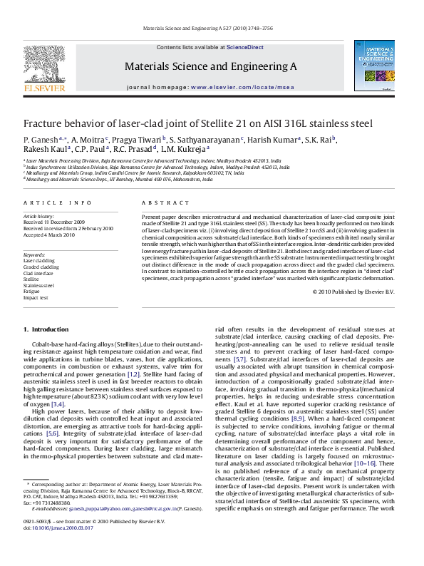 (PDF) Fracture behavior of laser-clad joint of Stellite 21 on AISI 316L stainless steel