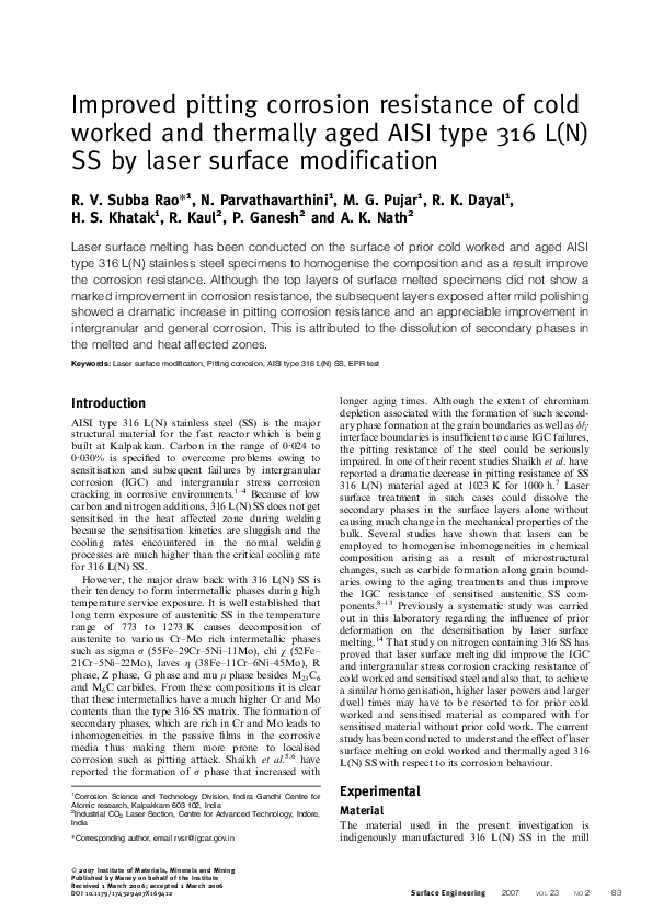 (PDF) Improved pitting corrosion resistance of cold worked and thermally aged AISI type 316 L(N ...