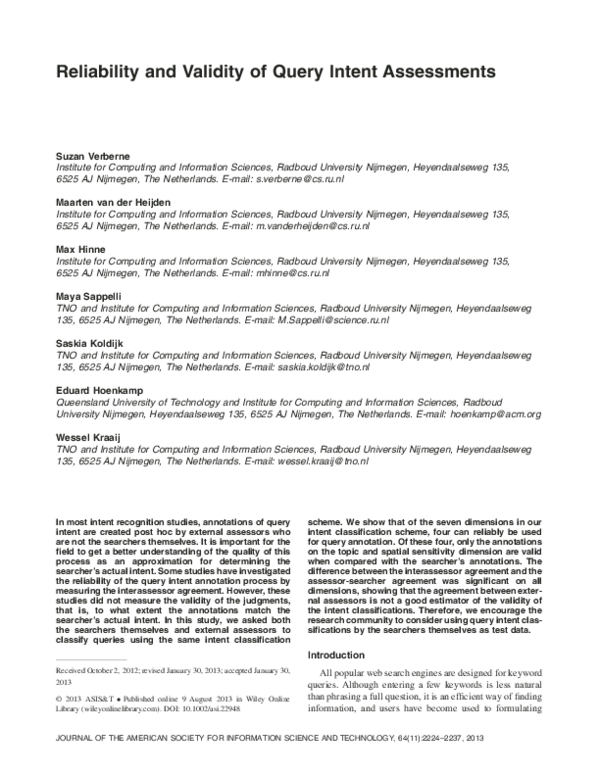 (PDF) Reliability and validity of query intent assessments