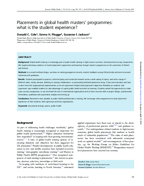 (PDF) Placements in global health masters' programmes: what is the ...