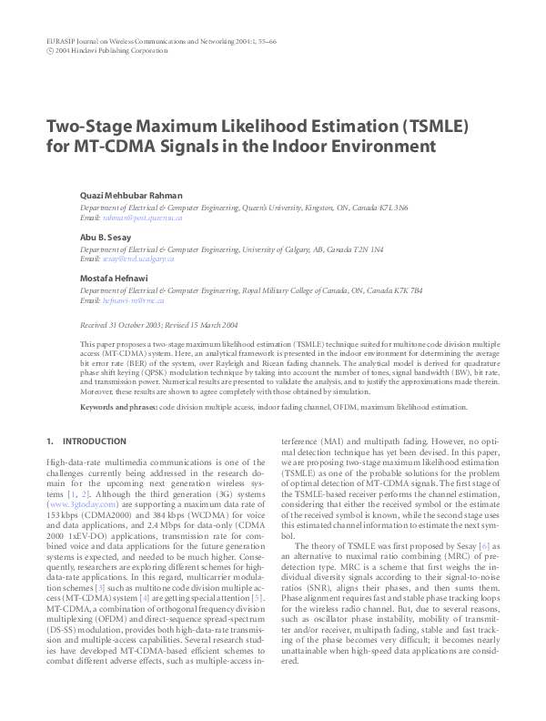 (PDF) Two-Stage Maximum Likelihood Estimation (TSMLE) for MT-CDMA Signals in the Indoor Environment