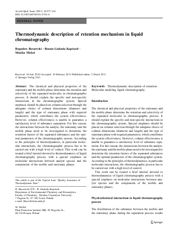 (PDF) Thermodynamic description of retention mechanism in liquid ...