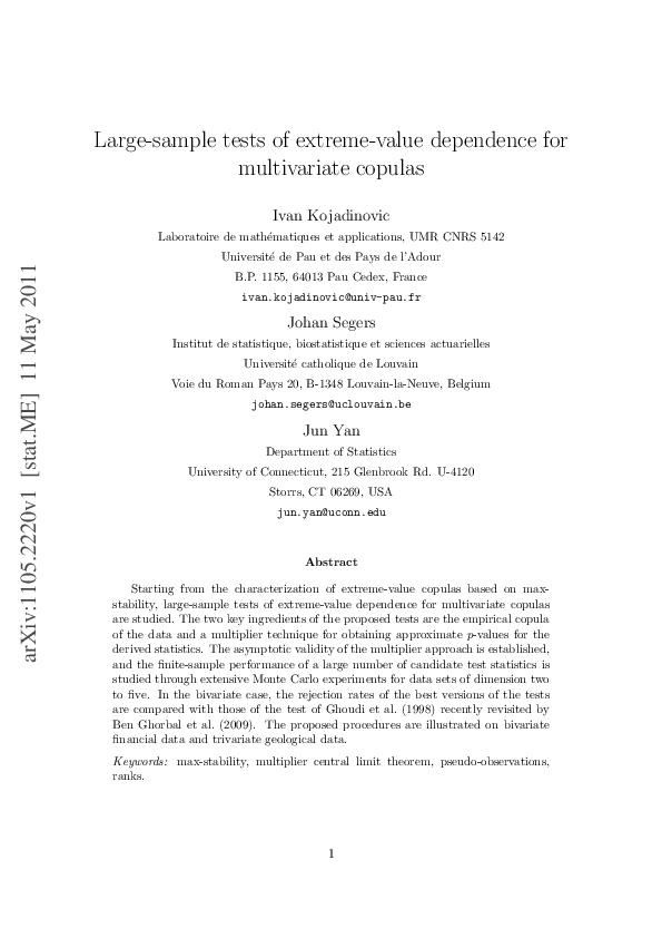 Pdf Large Sample Tests Of Extreme Value Dependence For Multivariate