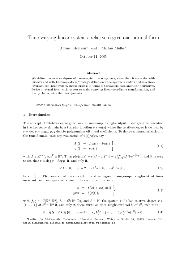 Pdf Time Varying Linear Systems Relative Degree And Normal Form