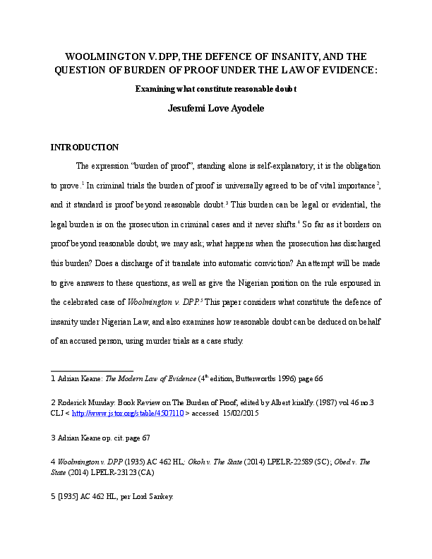 (DOC) WOOLMINGTON V. DPP, THE DEFENCE OF INSANITY, AND THE QUESTION OF ...