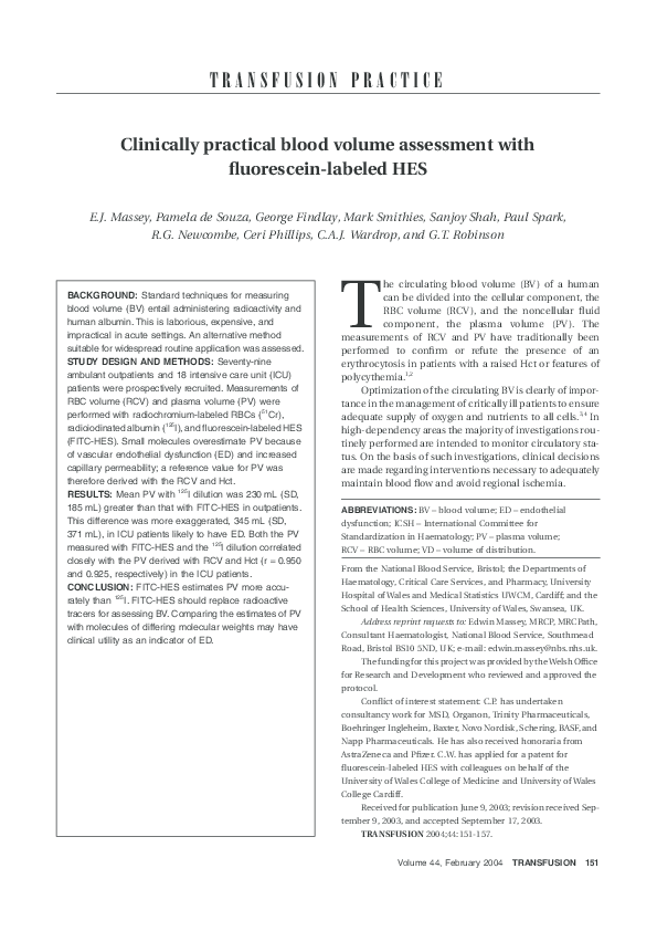 (PDF) Clinically practical blood volume assessment with fluorescein ...
