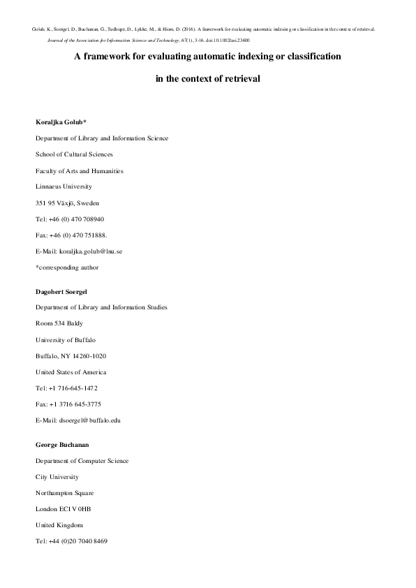 (PDF) A framework for evaluating automatic indexing or classification in the context of retrieval
