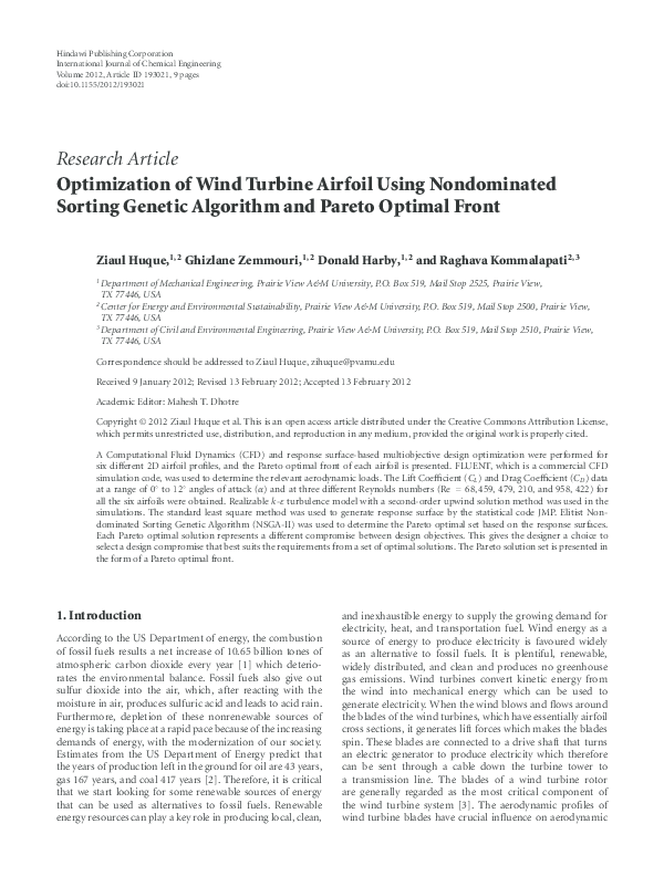 Pdf Optimization Of Wind Turbine Airfoil Using Nondominated Sorting Genetic Algorithm And