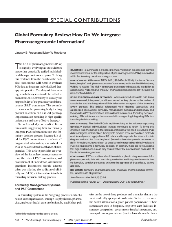 (PDF) Global Formulary Review: How Do We Integrate Pharmacogenomic ...