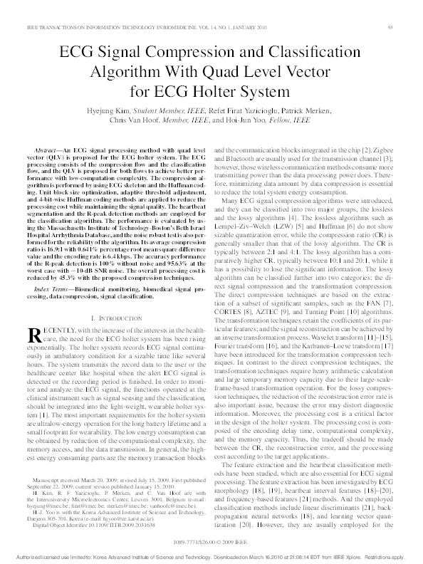 (PDF) ECG Signal Compression and Classification Algorithm With Quad Level Vector for ECG Holter ...