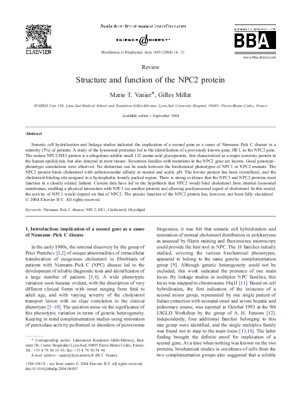 (PDF) Structure and function of the NPC2 protein