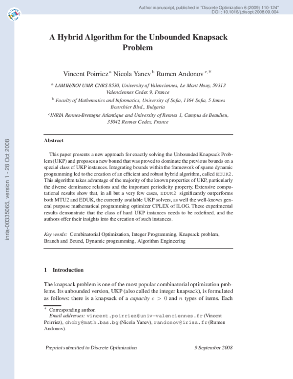 (PDF) A hybrid algorithm for the unbounded knapsack problem