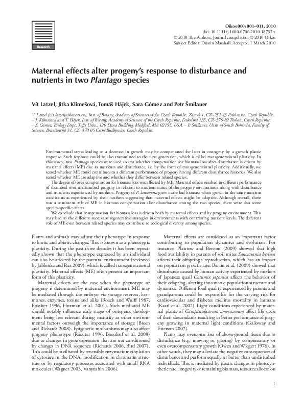 (PDF) Maternal effects alter progeny's response to disturbance and ...