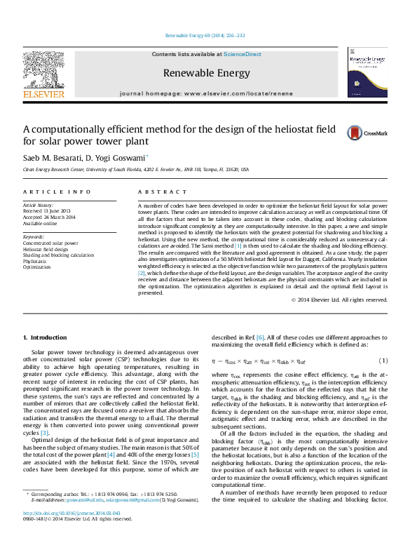 (PDF) A computationally efficient method for the design of the heliostat field for solar power ...