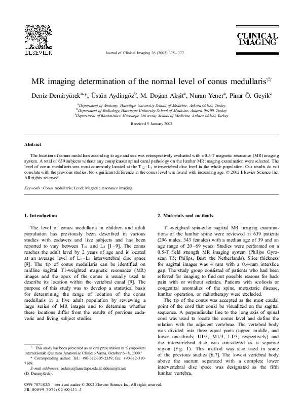 (PDF) MR imaging determination of the normal level of conus medullaris