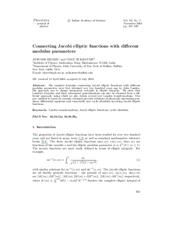 Pdf Connecting Jacobi Elliptic Functions With Different Modulus